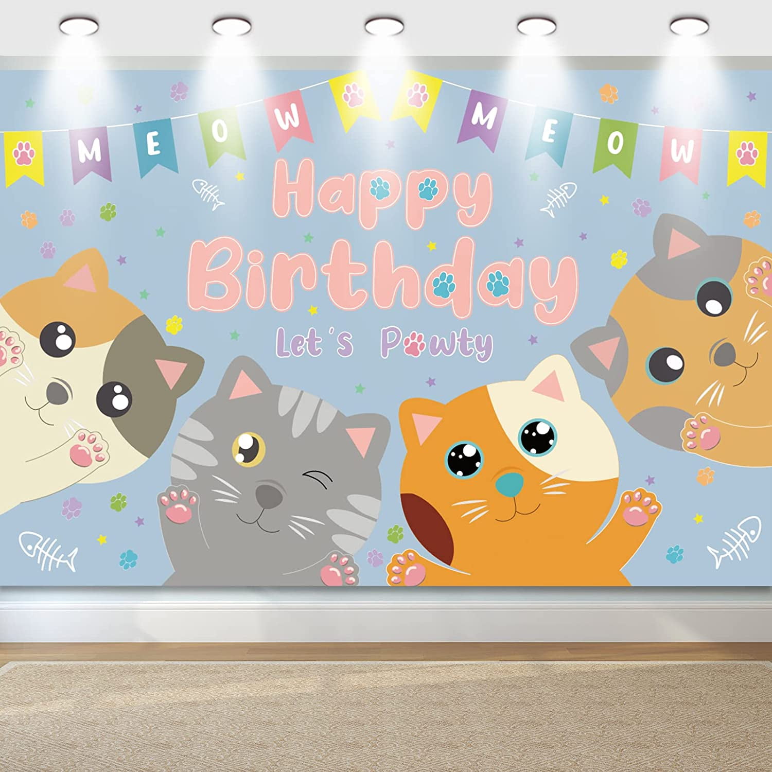 Cat Happy Birthday Backdrop, Lets Pawty Backdrop, Cat Birthday Party ...