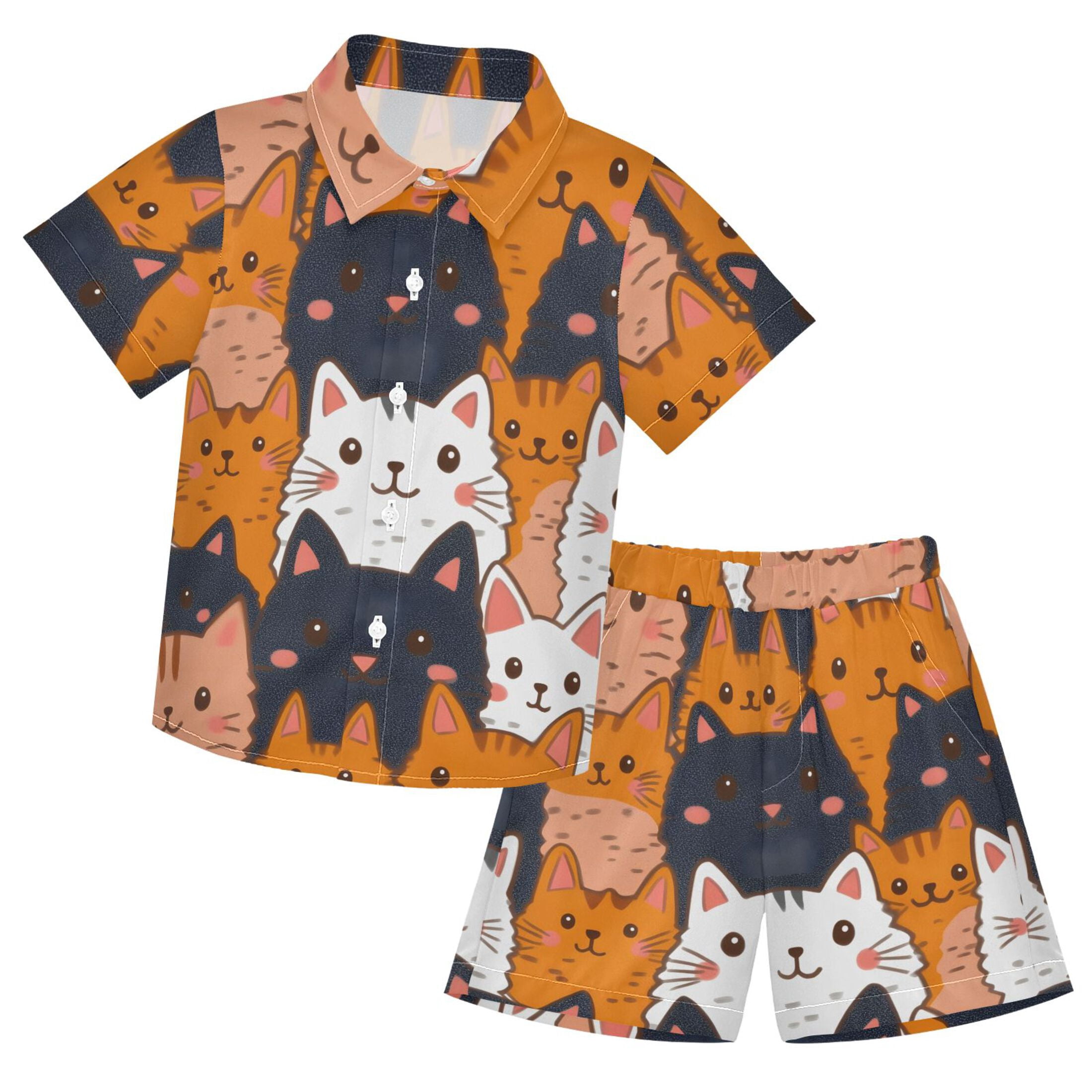 Cat Happy Pattern Boys' Hawaiian Shorts Sets Button Down Shirts 3T-10Y ...