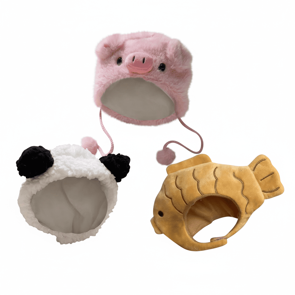 Cat Hat Assorted Set with Panda Pig and Sea Bream Designs Soft Plush ...