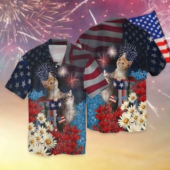 Cat Hawaiian Shirt, 4Th Of July Cat Aloha Beach Shirts, Cat ...