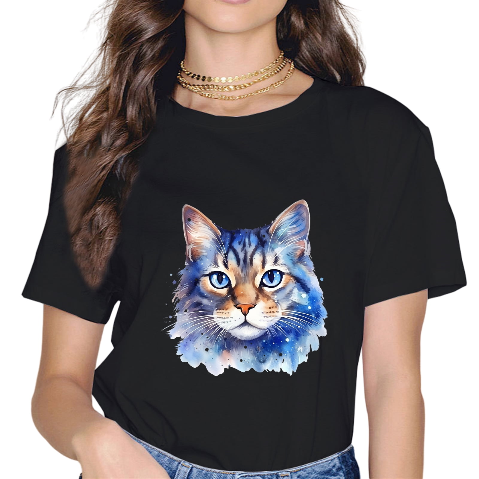 Cat Head Blue Art, Cute Kitty Tee for Pet Lovers T-Shirt - Walmart.com