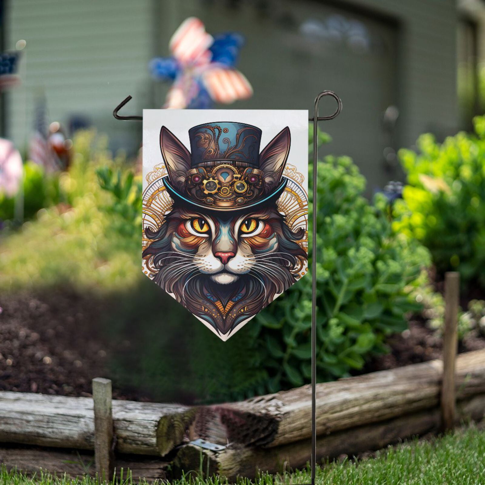 Cat Head Hat Machine Lion Garden Flag 18" x 12.5" Double Sided Yard ...