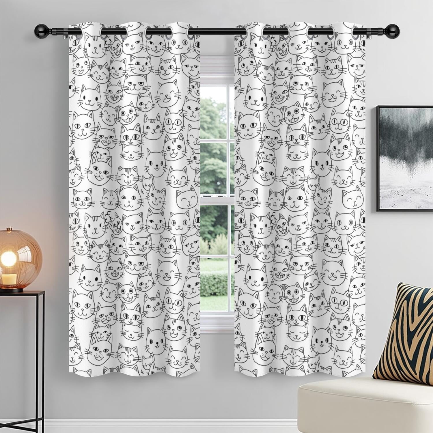 Cat Head White Pattern Blackout Curtains,Triple Weaved Fabric,Thermal ...
