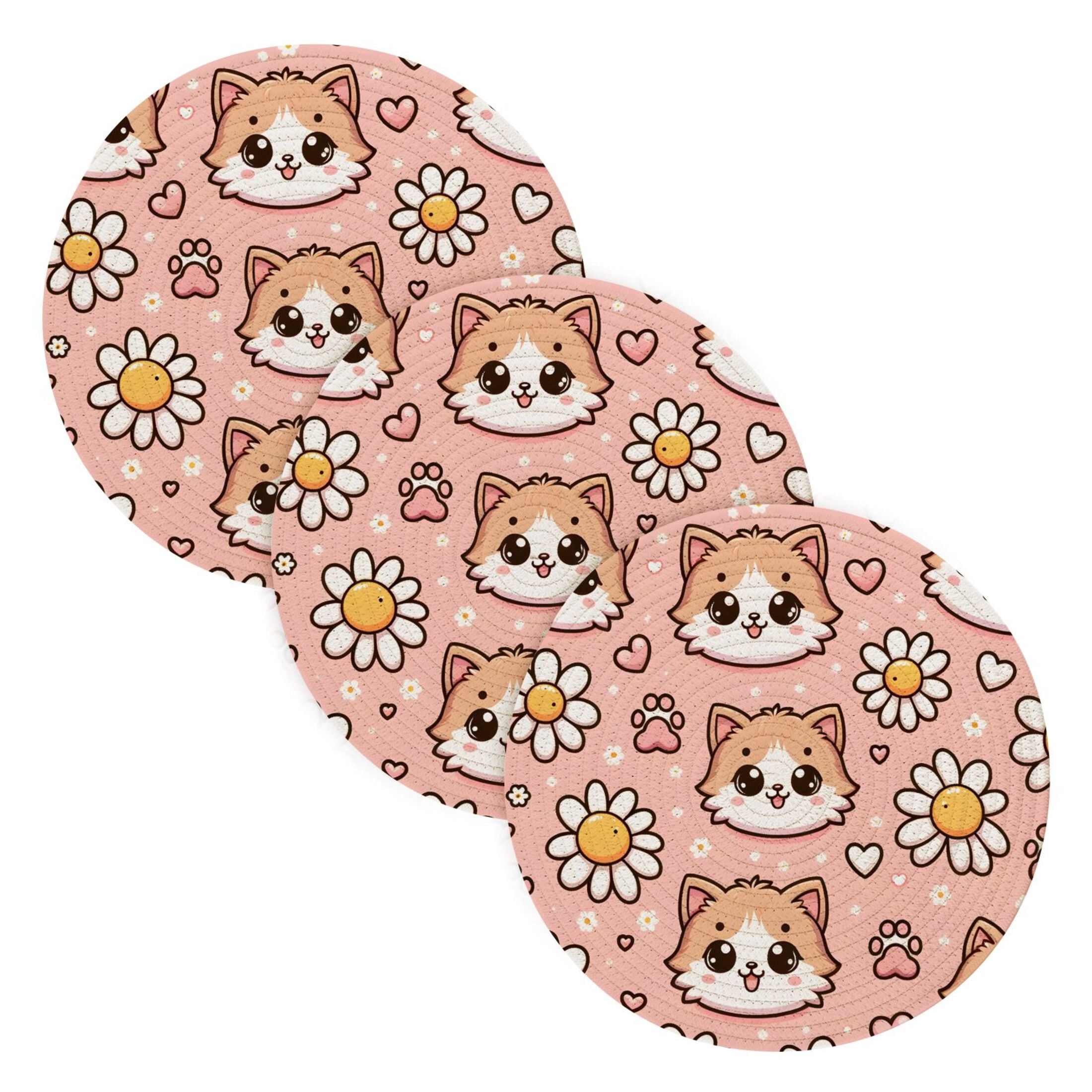 Cat Head and Daisy 3 Pcs Pot Holders Trivets Set Woven Heat-Resistant ...