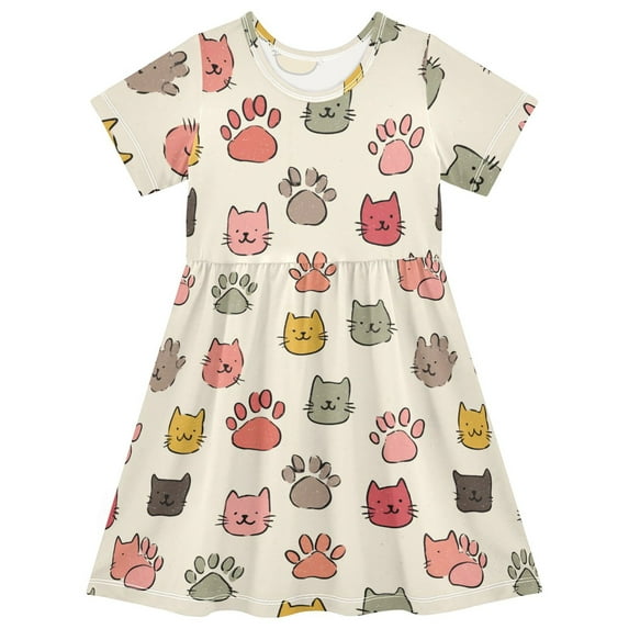 Cat Head and Paws Short Sleeve Dress A-Line Cute Midi Casual Sundress 2 ...