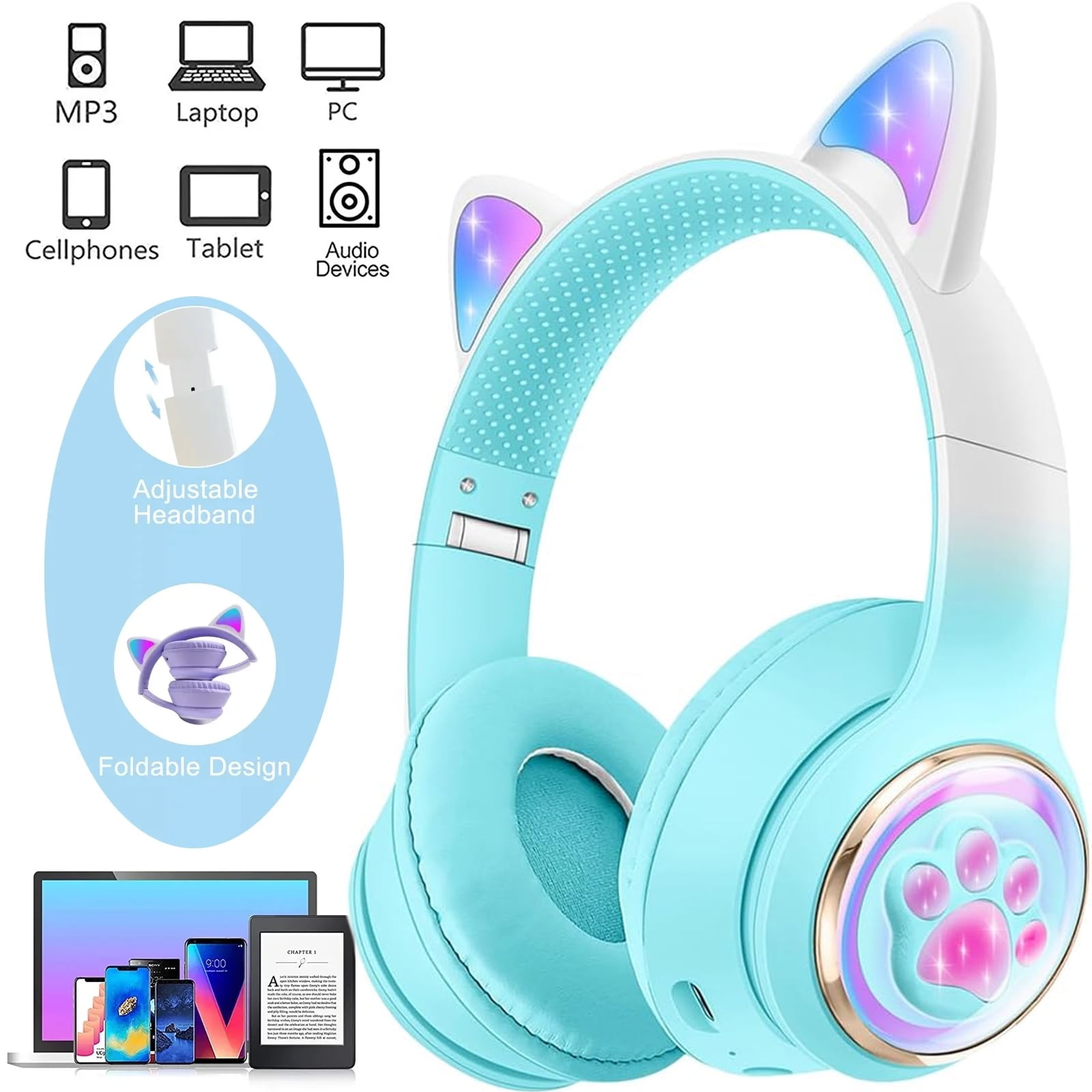 Cat Headphones for Girls Kids for School, Kids Bluetooth Headphones ...