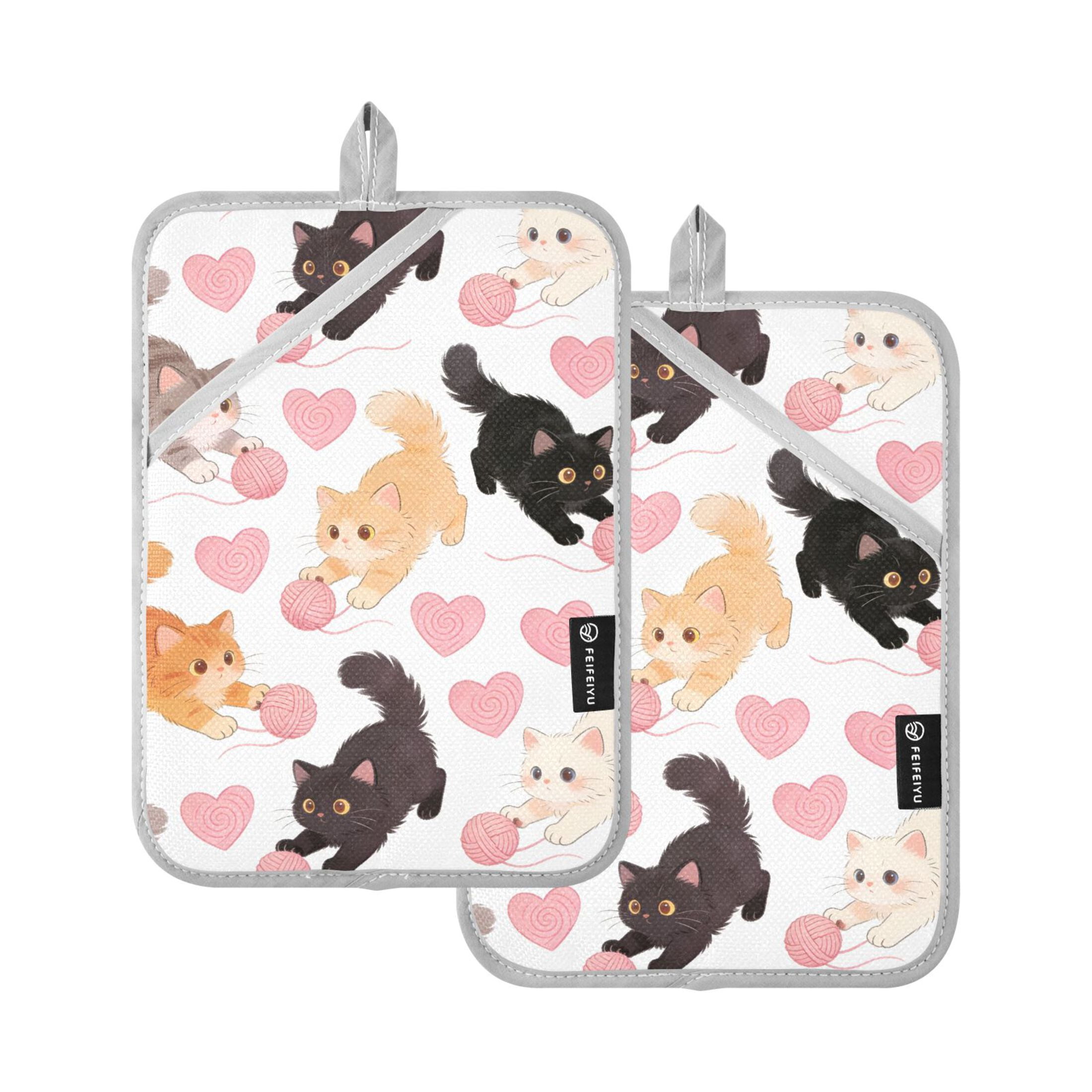 Cat Heart Fur Ball Pot Holder Set 2 Piece Non-Slip Oven Hot Pads Heat ...