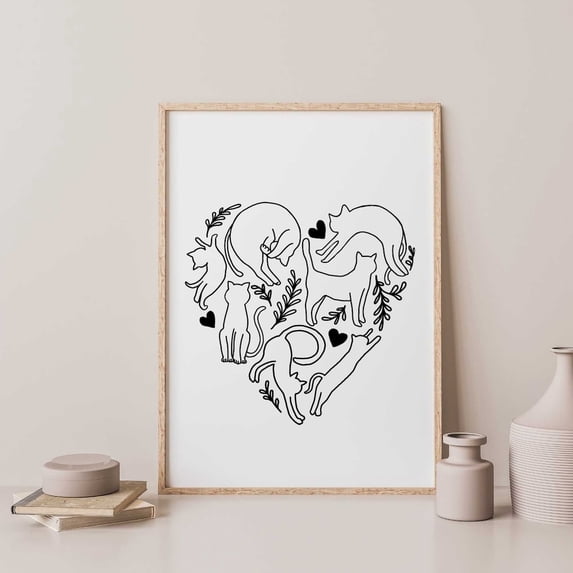 Cat Heart Poster Hearts Of Cats Black And White Wall Art Lover Line Mom ...