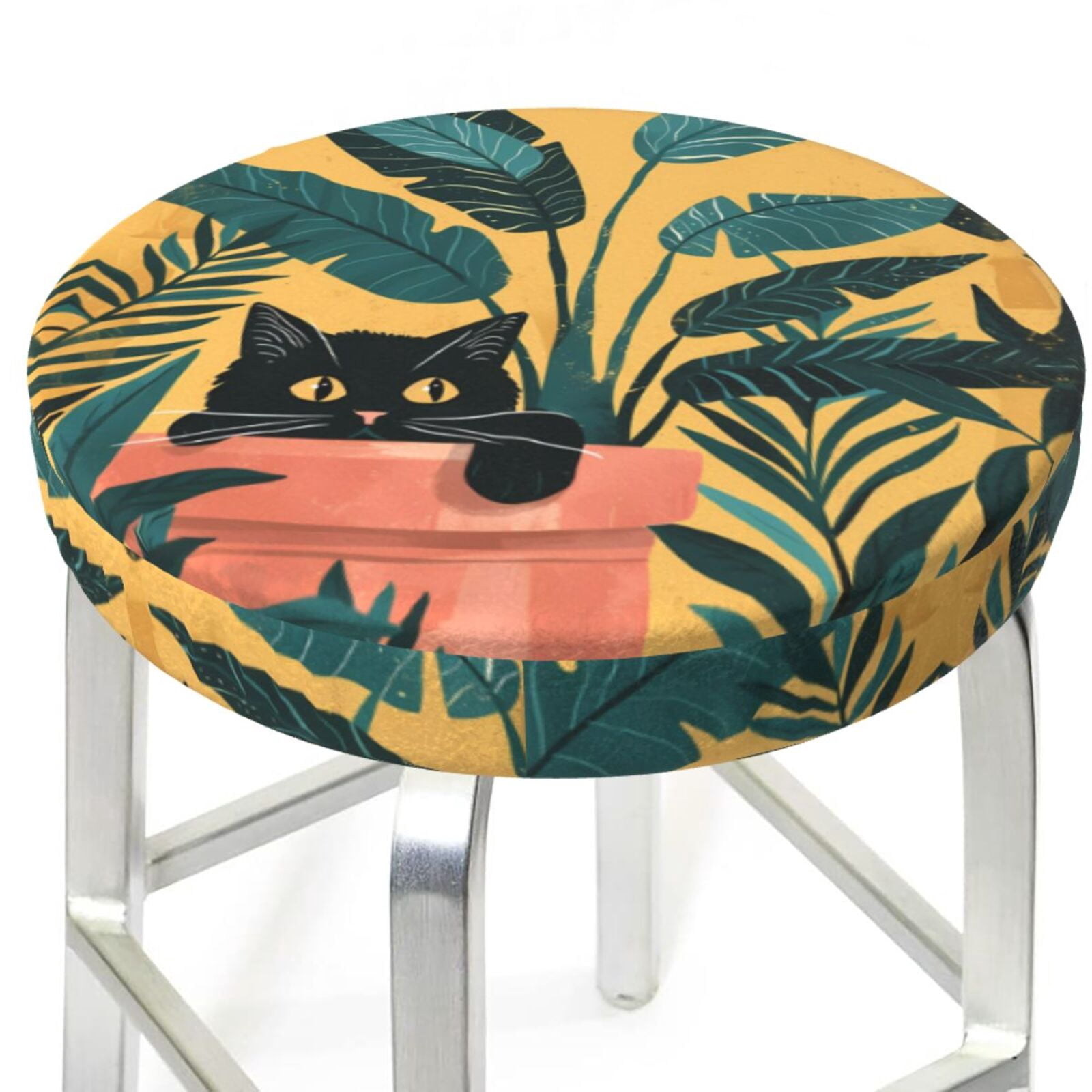 Cat Hiding In Potted Plants Round Bar Stool Covers, Soft Velvet Bar ...