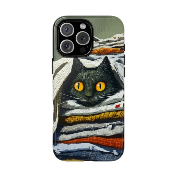 Cat Hiding Laundry Clothes Humor Phone Case for iPhone 11 to 16 Pro Max ...