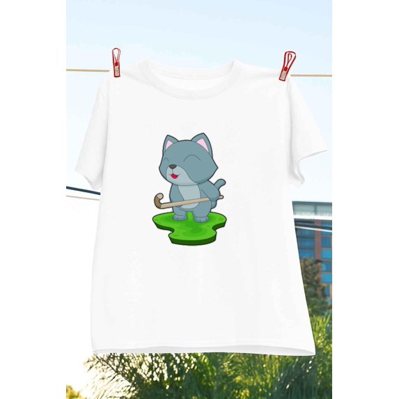 Cat Hockey Funny Kitty Playing Sports With Stick T-Shirt up to 5XL ...