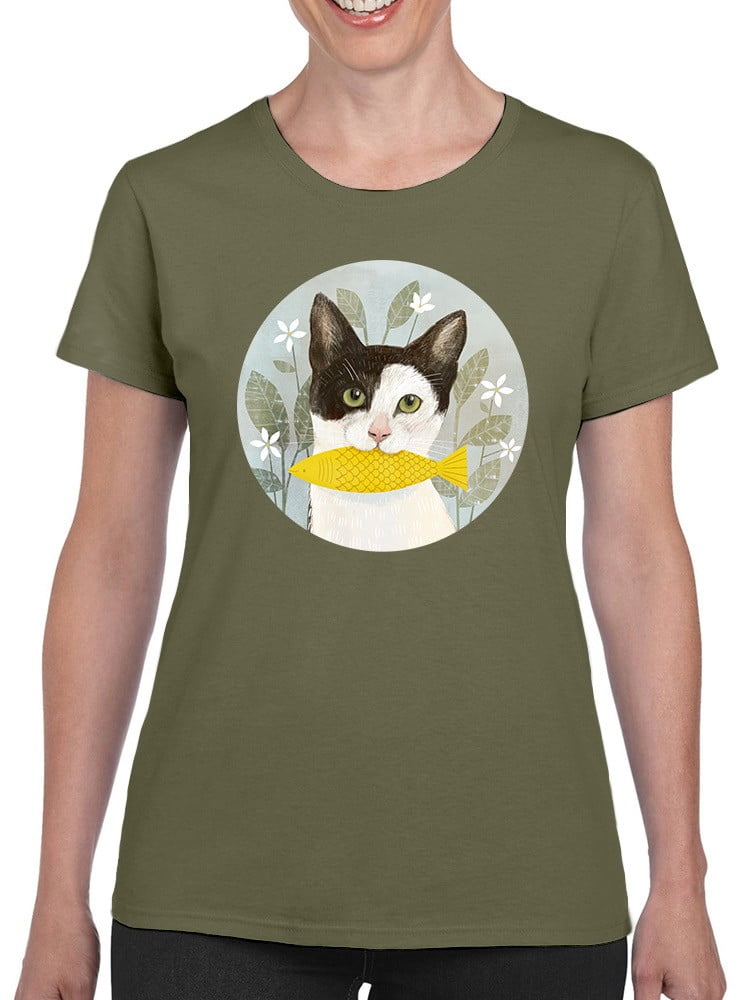 Cat Holding A Fish T-Shirt Women -Victoria Borges Designs, Female Large ...