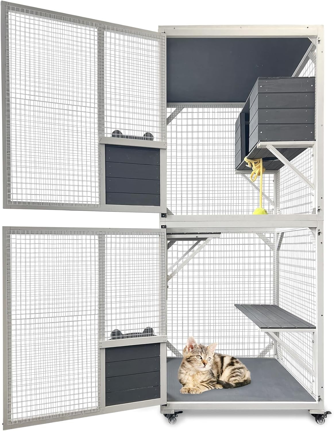 Cat House Catio Outdoor Cat Enclosure, 3-Tier Wooden Outdoor Cat House ...