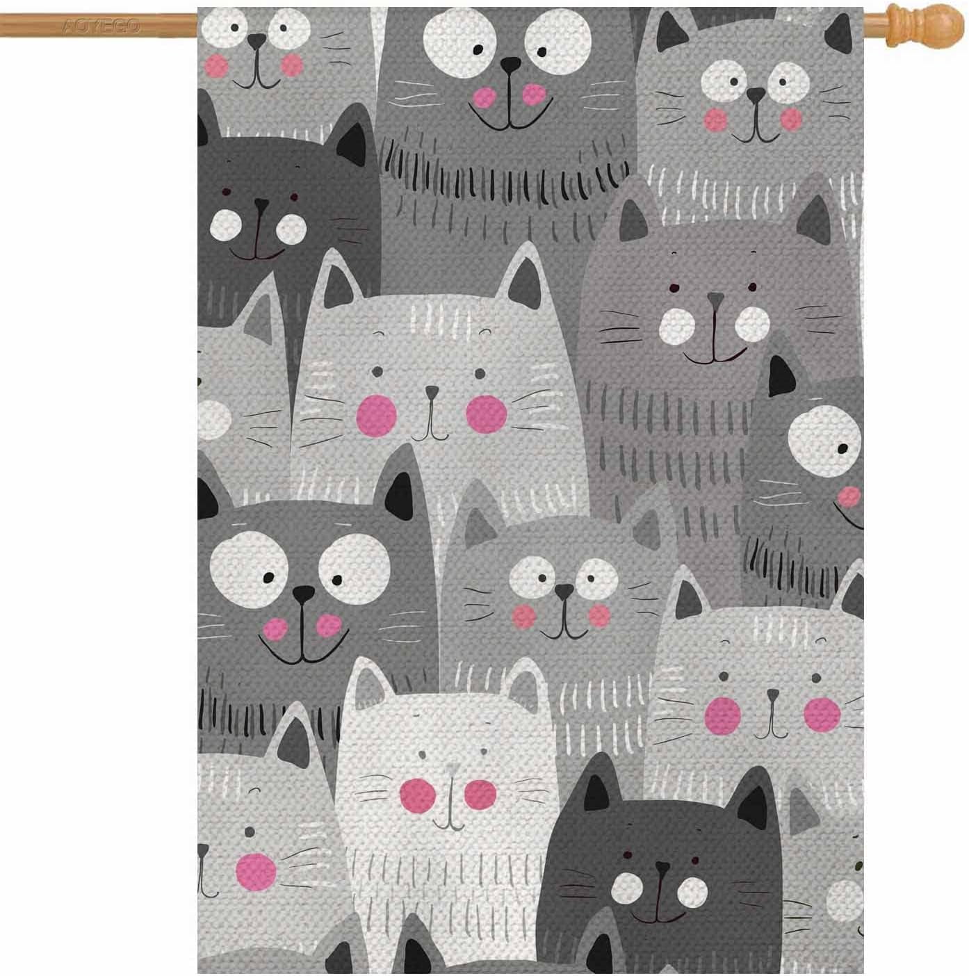Cat House Flag Vertical Double Sided Burlap Cute Cartoon Animal Kitten ...