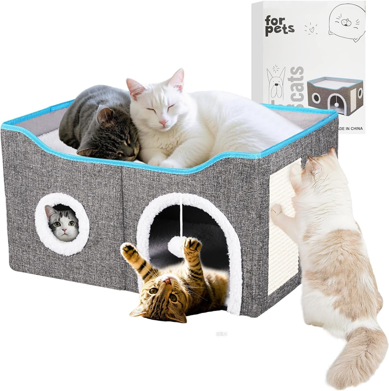 Cat House for Indoor Cats – Foldable Cat Bed Cave with Scratch Pad ...