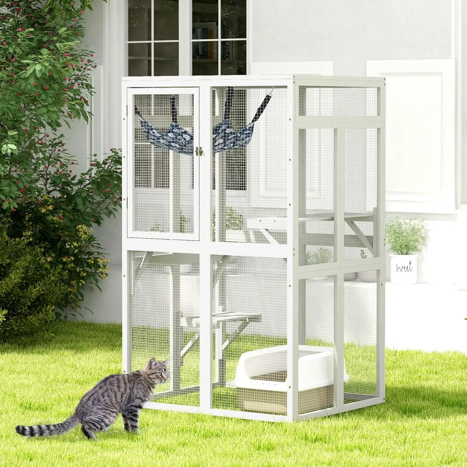 Cat House, Outdoor Cat Enclosure Window Access, Wood Cat House Shelter ...
