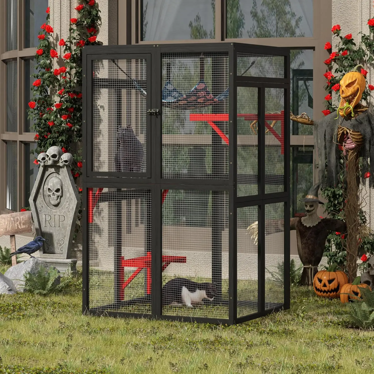 Cat House, Outdoor Cat Enclosure Window Access, Wood Cat House Shelter ...