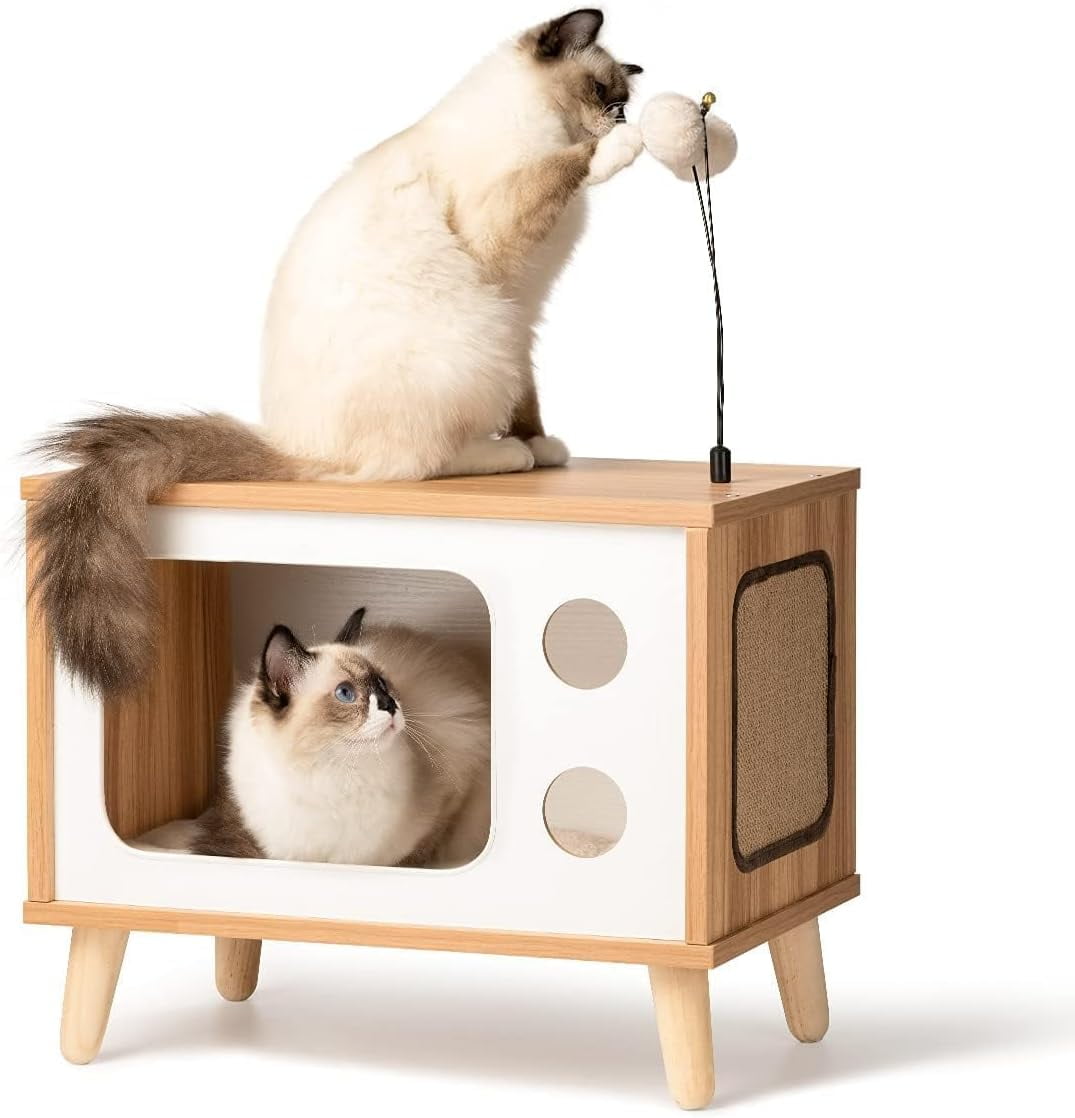 Cat House Wooden Condo Cat Bed Indoor TV-Shaped Sturdy Large Luxury Cat ...