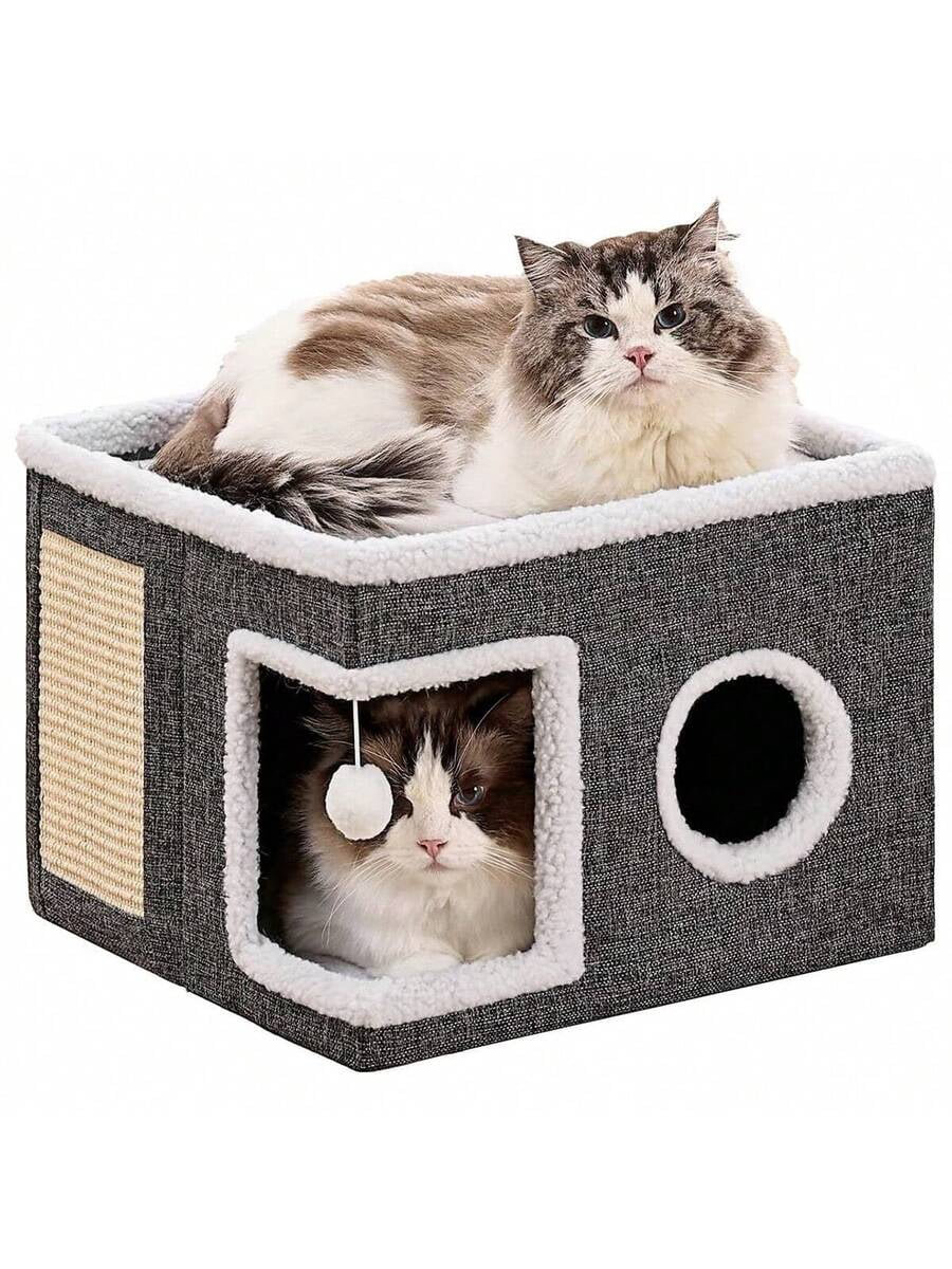 Cat House and 2-Layer Cat Bed Cave, Foldable Indoor Cat House Condo ...