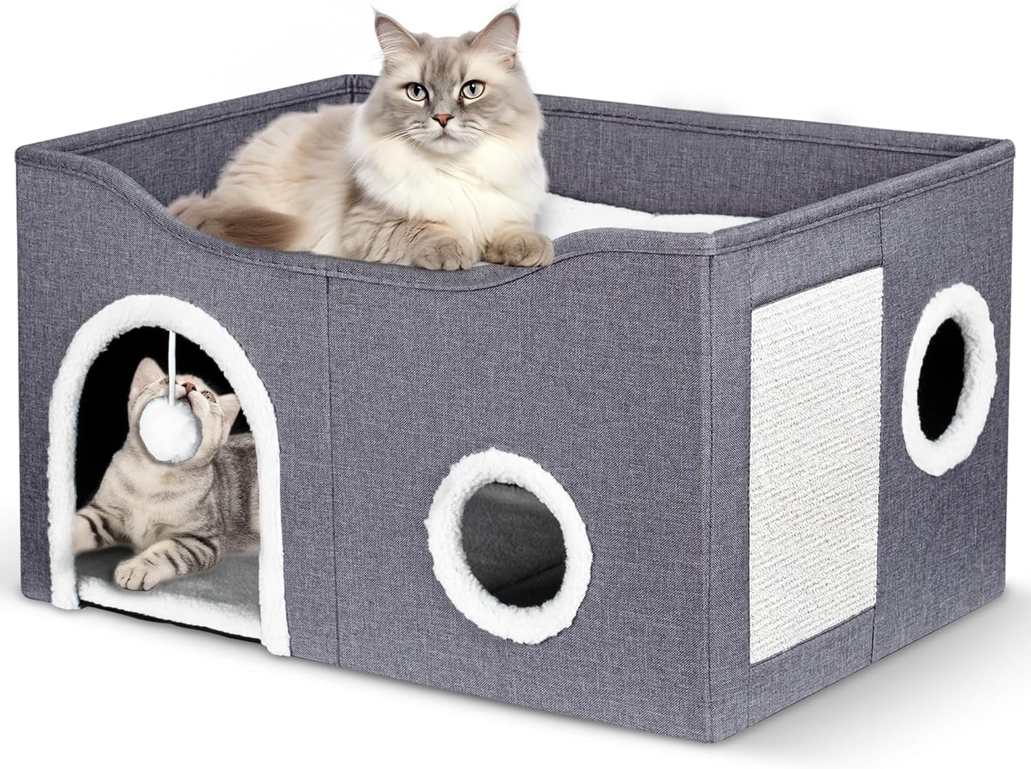 Cat House for Indoor Cats - Large Cat Bed Cave with Fluffy Ball and Scratch Pad, Foldable Cat ...