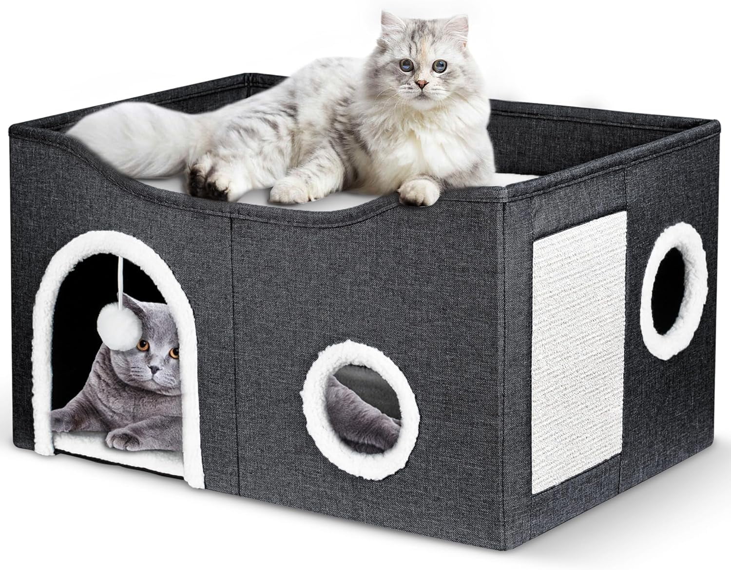 Cat House For Indoor Cats Large Cat Bed Cave With Fluffy Ball And Scratch Pad Foldable Cat