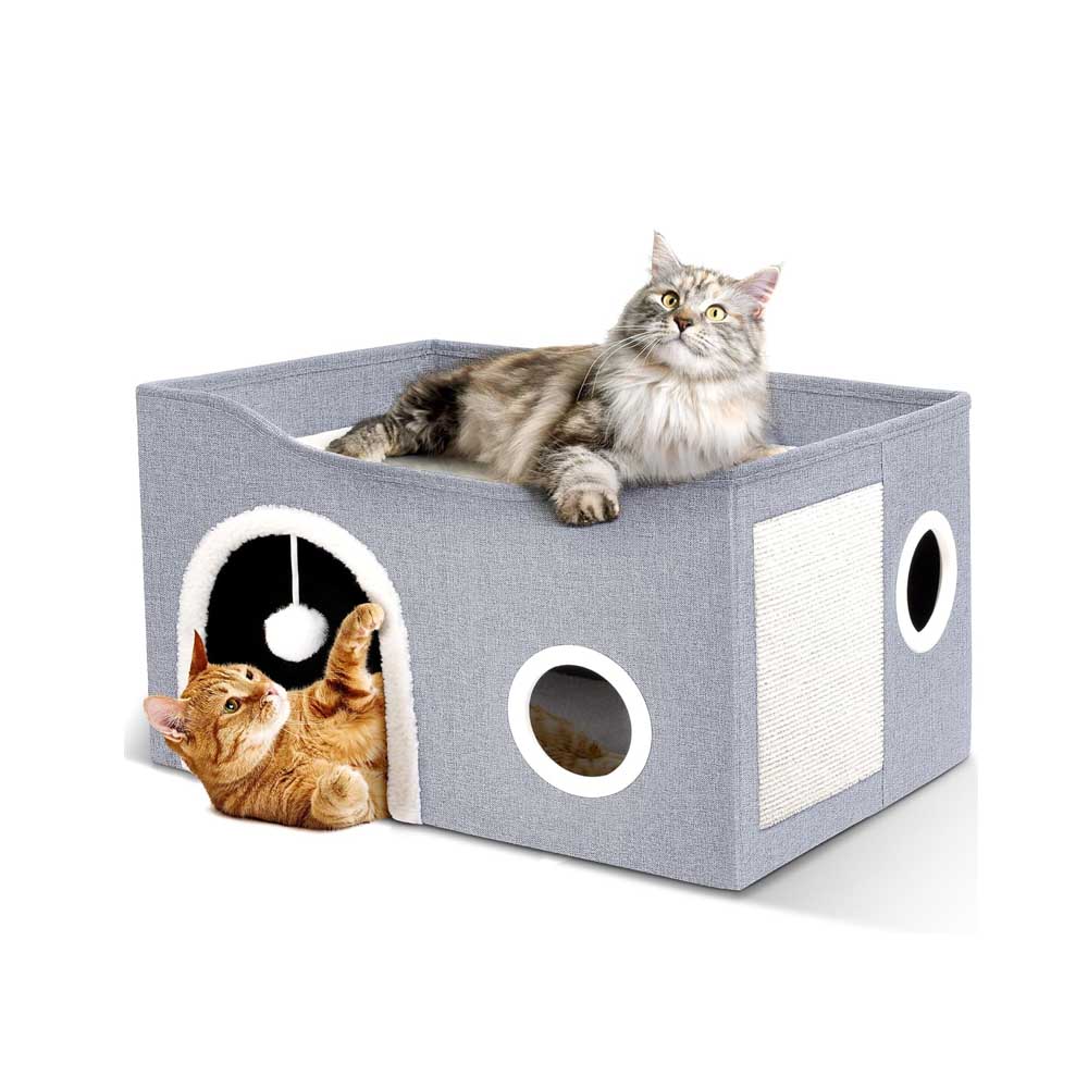 Cat House for Indoor Cats - Large Cat Bed Cave with Fluffy Ball and Scratch Pad, Foldable Cat ...