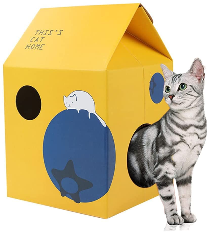 Cat House with Cardboard Scratcher Pad, Interactive Cat Bed Playhouse ...