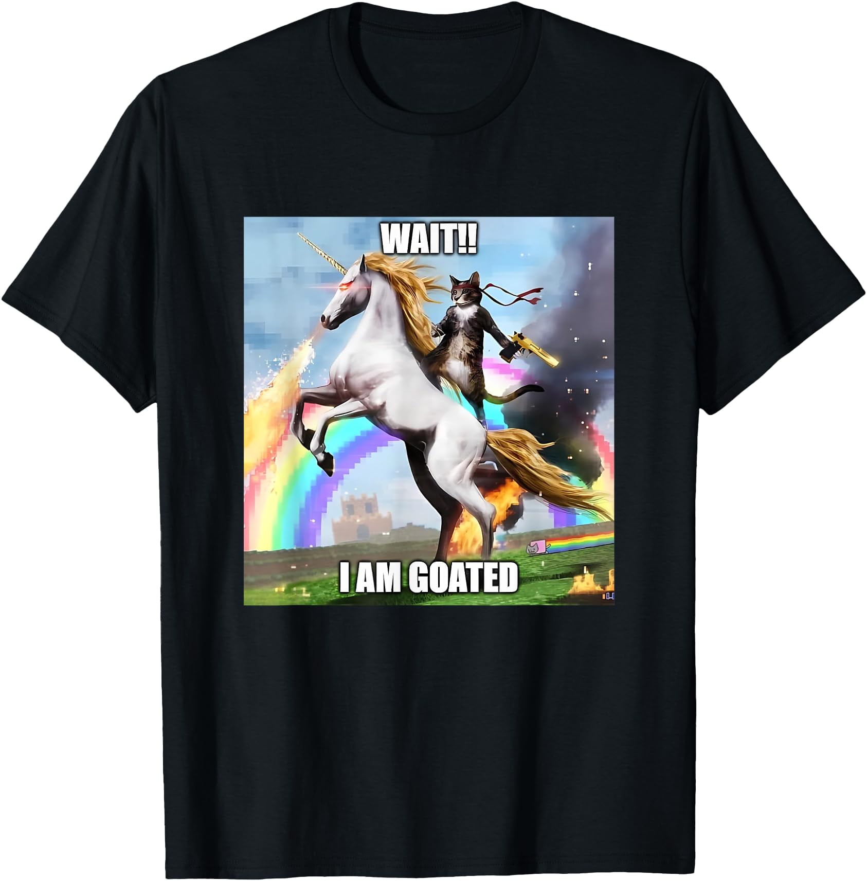 Cat Humour Wait I'm Goated Funny Silly Unicorn Cat Meme T-Shirt,Black ...