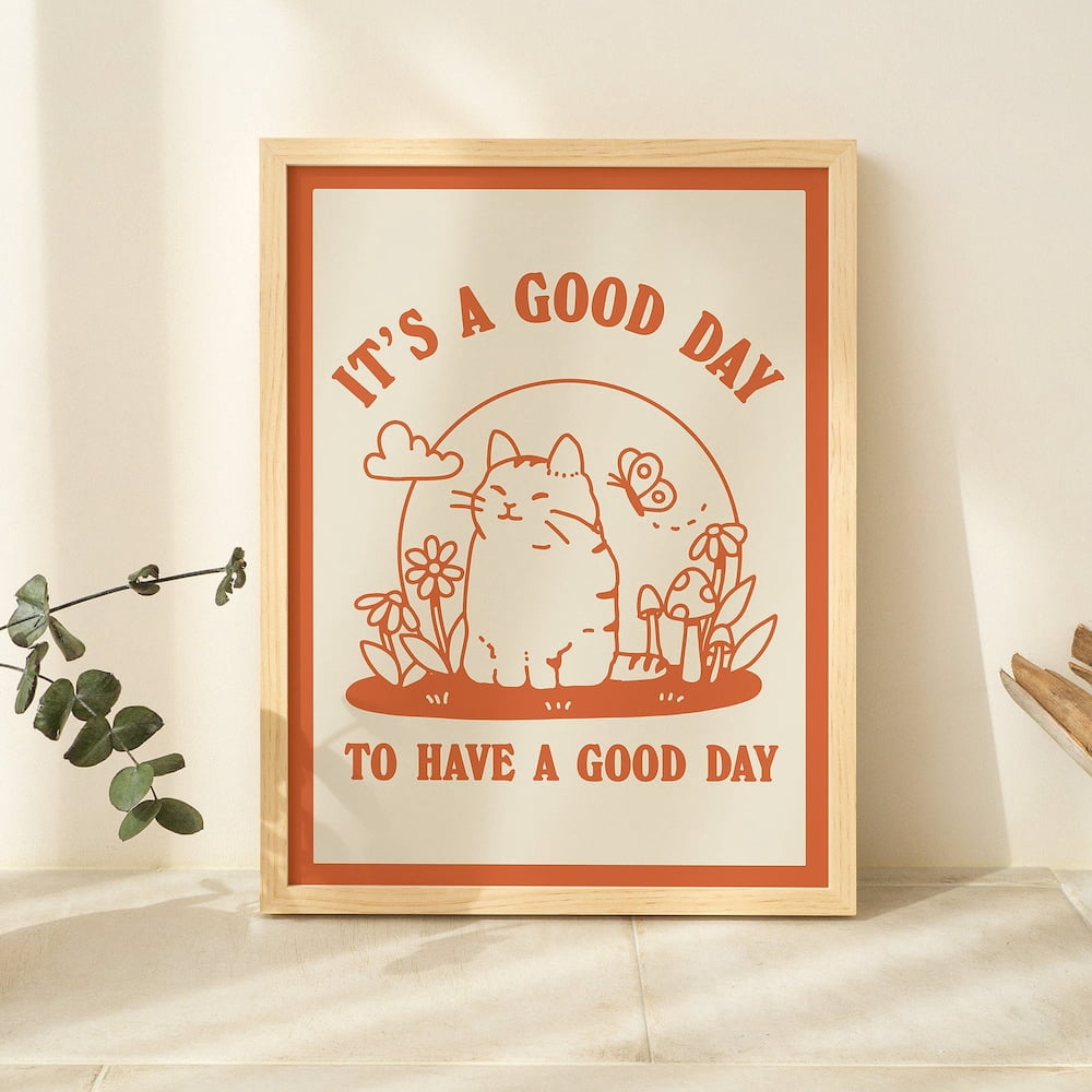 Cat Illustration Wall Print Happiness Quote Cute Kids Classroom Posters ...
