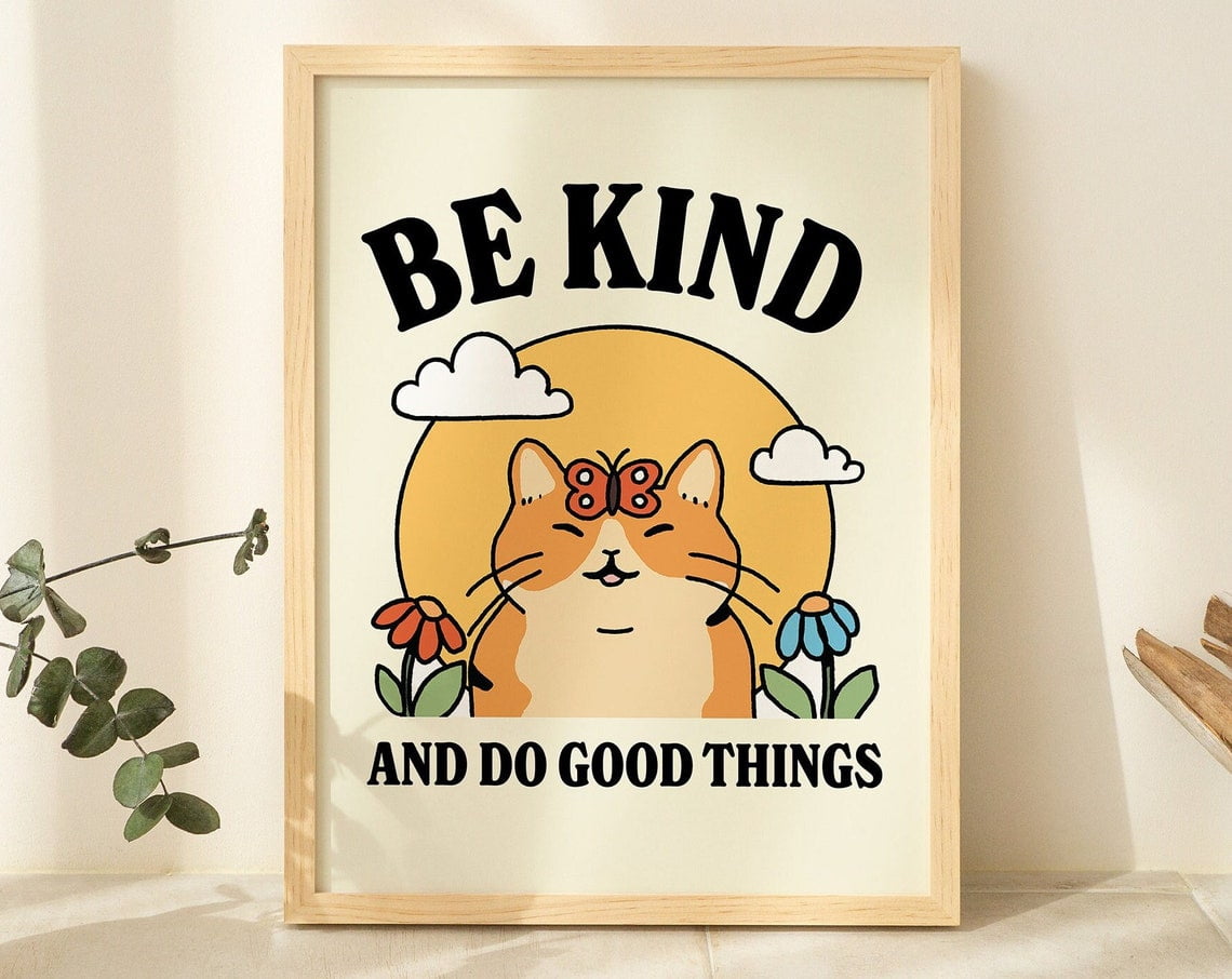 Cat Illustration Wall Print, Kindness Quote, Cute Kids Classroom ...