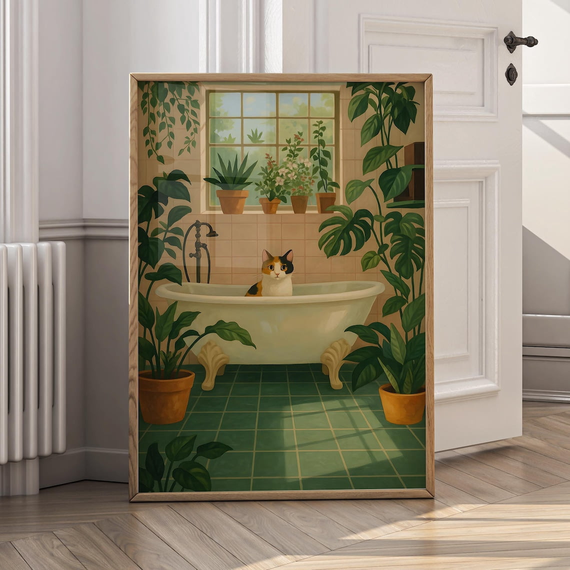 Cat In Bathtub Botanical Bathroom Cozy Vintage Style Cat Illustration ...