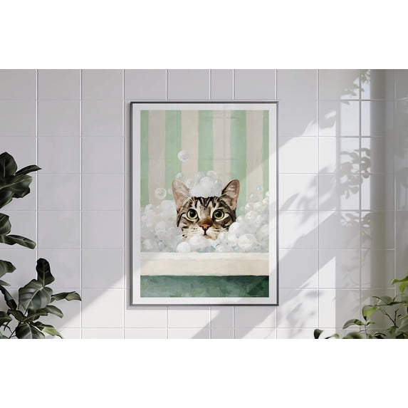 Cat In Bubble Bath Wall Art, Funny Bathroom Wall Art Print, Minimal ...