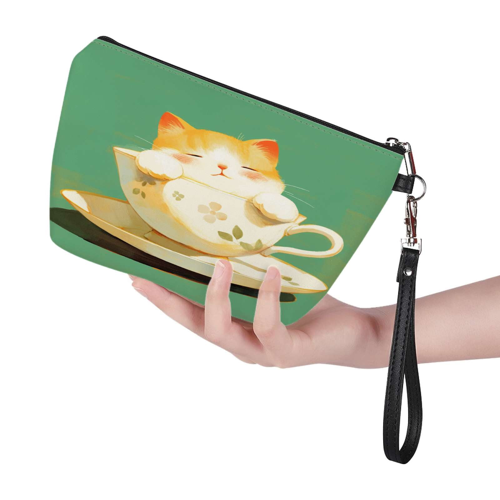 Cat In Floral Teacup Leather Makeup Bag Small Travel Cosmetic Bag For ...