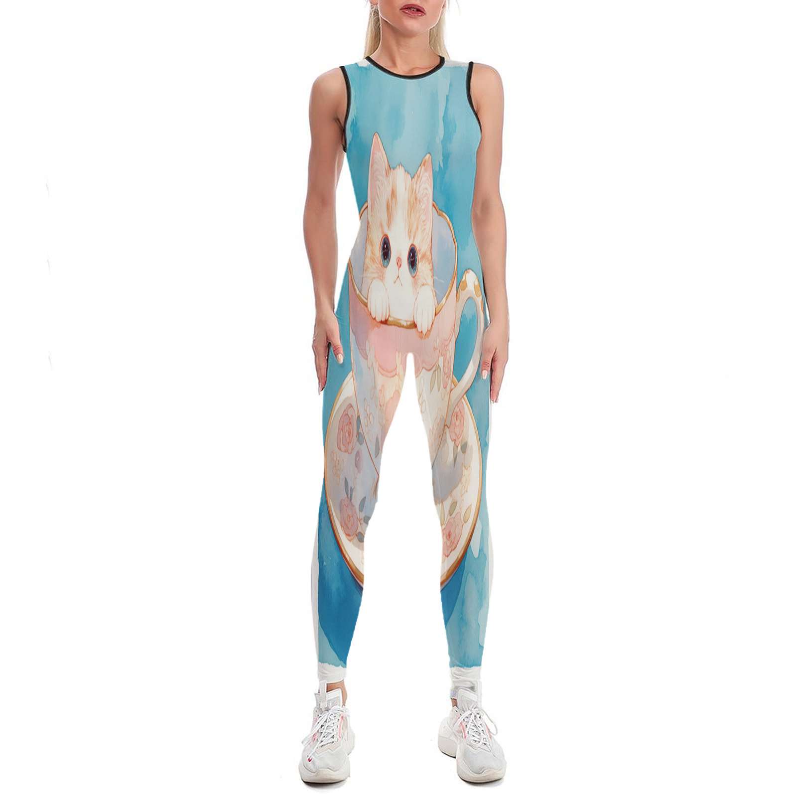 Cat In Floral Teacup Women's One Piece Yoga Jumpsuits Leggings Playsuit ...