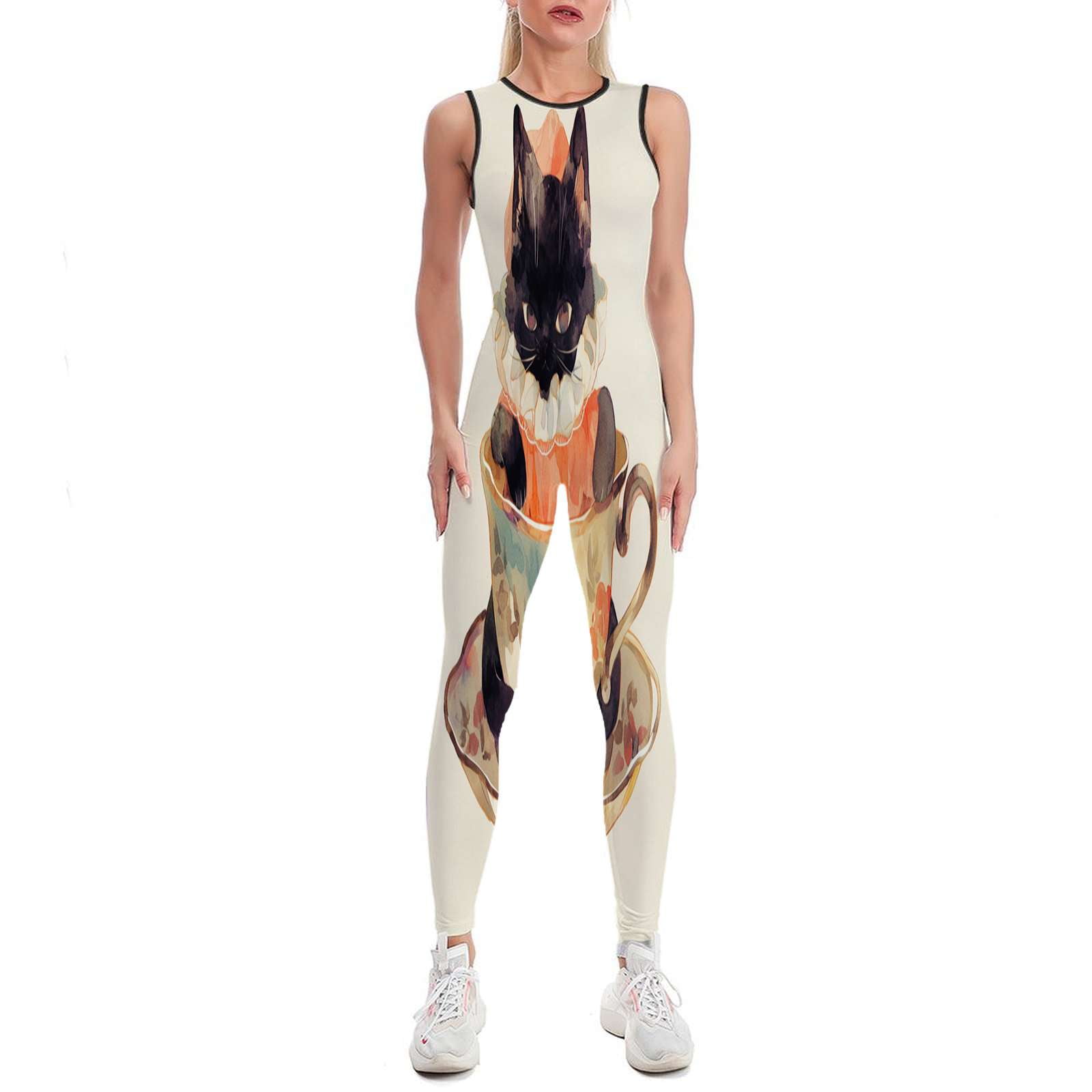 Cat In Floral Teacup Women's One Piece Yoga Jumpsuits Leggings Playsuit ...