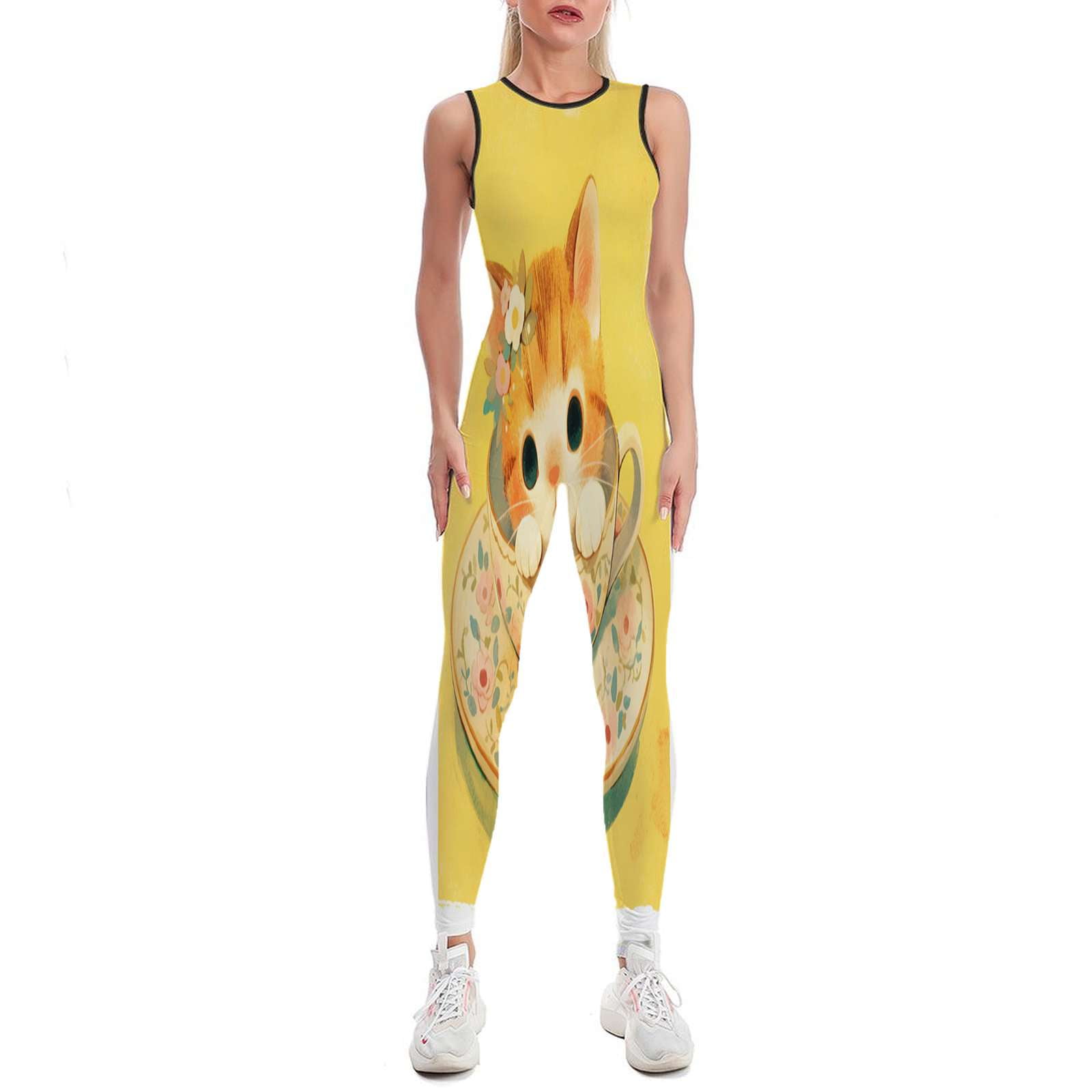 Cat In Floral Teacup Women's One Piece Yoga Jumpsuits Leggings Playsuit ...