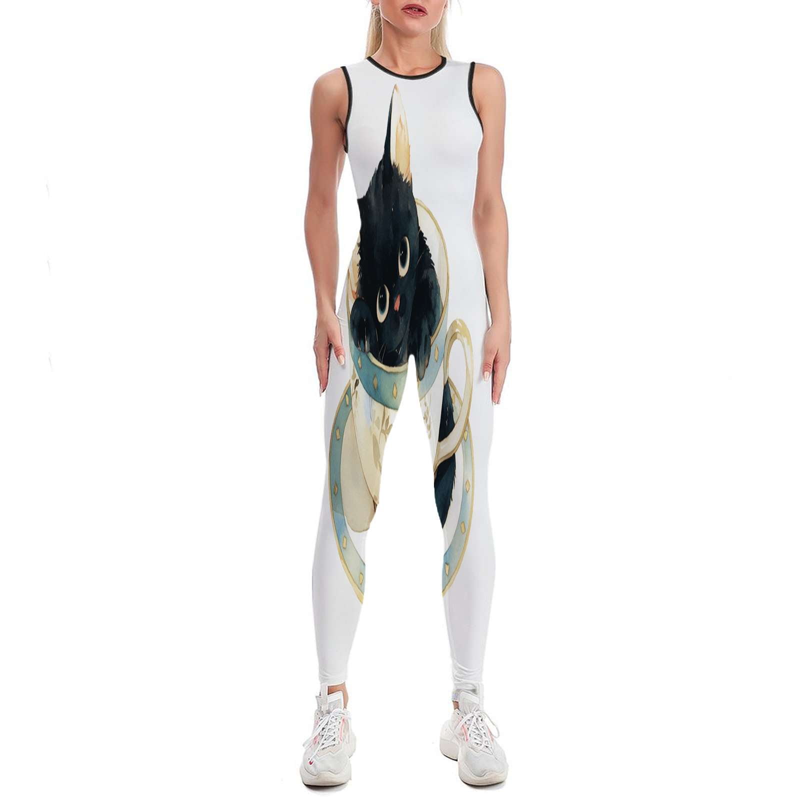 Cat In Floral Teacup Women's One Piece Yoga Jumpsuits Leggings Playsuit ...