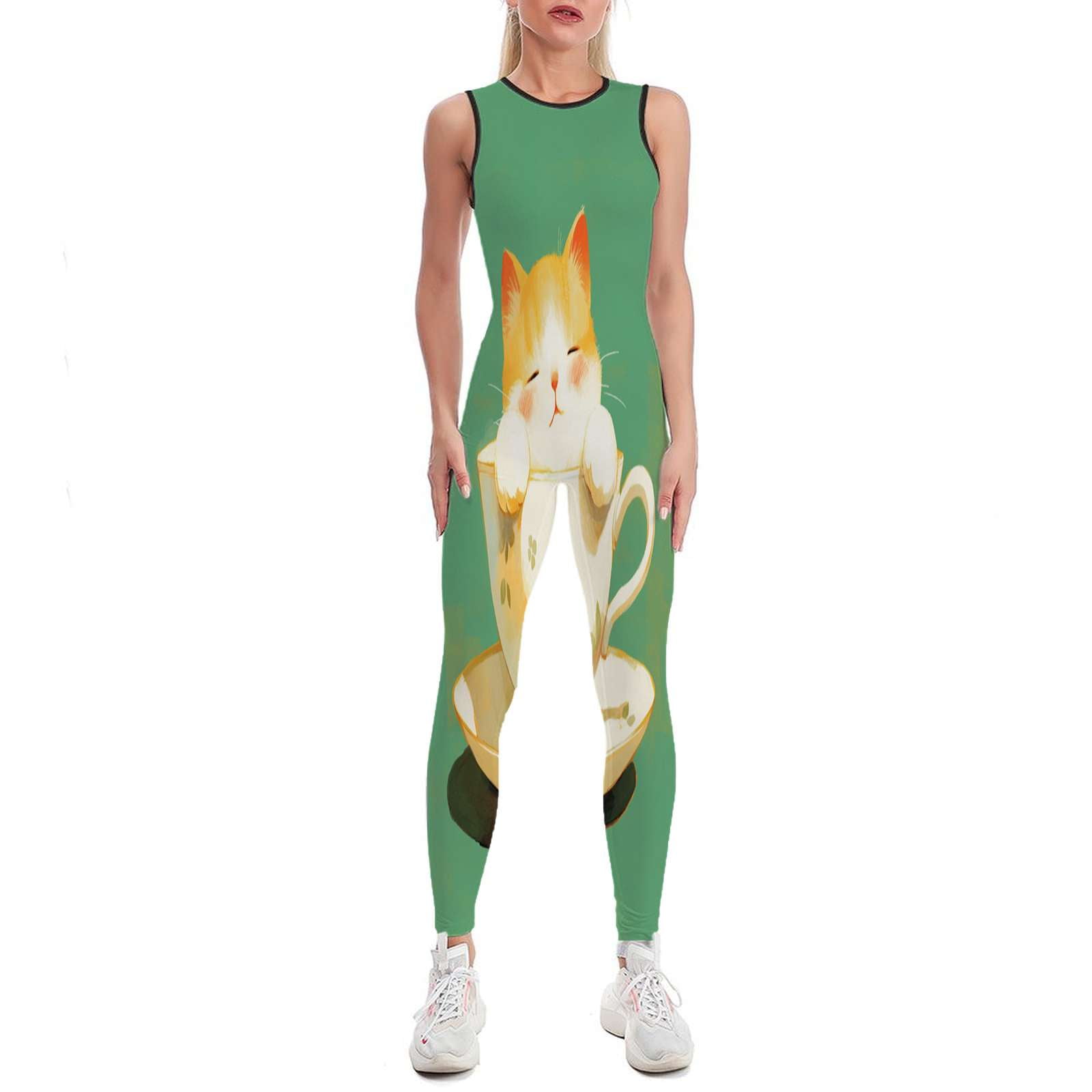 Cat In Floral Teacup Women's One Piece Yoga Jumpsuits Leggings Playsuit ...