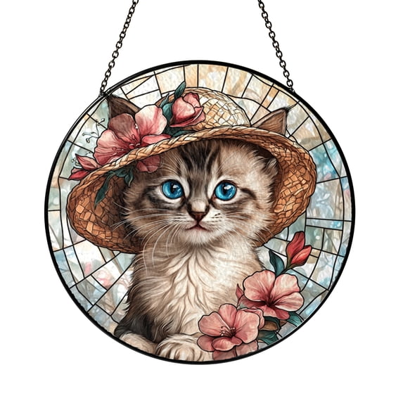Cat In Flower Hat Stained Glass Suncatcher – Garden Style Window Decor ...