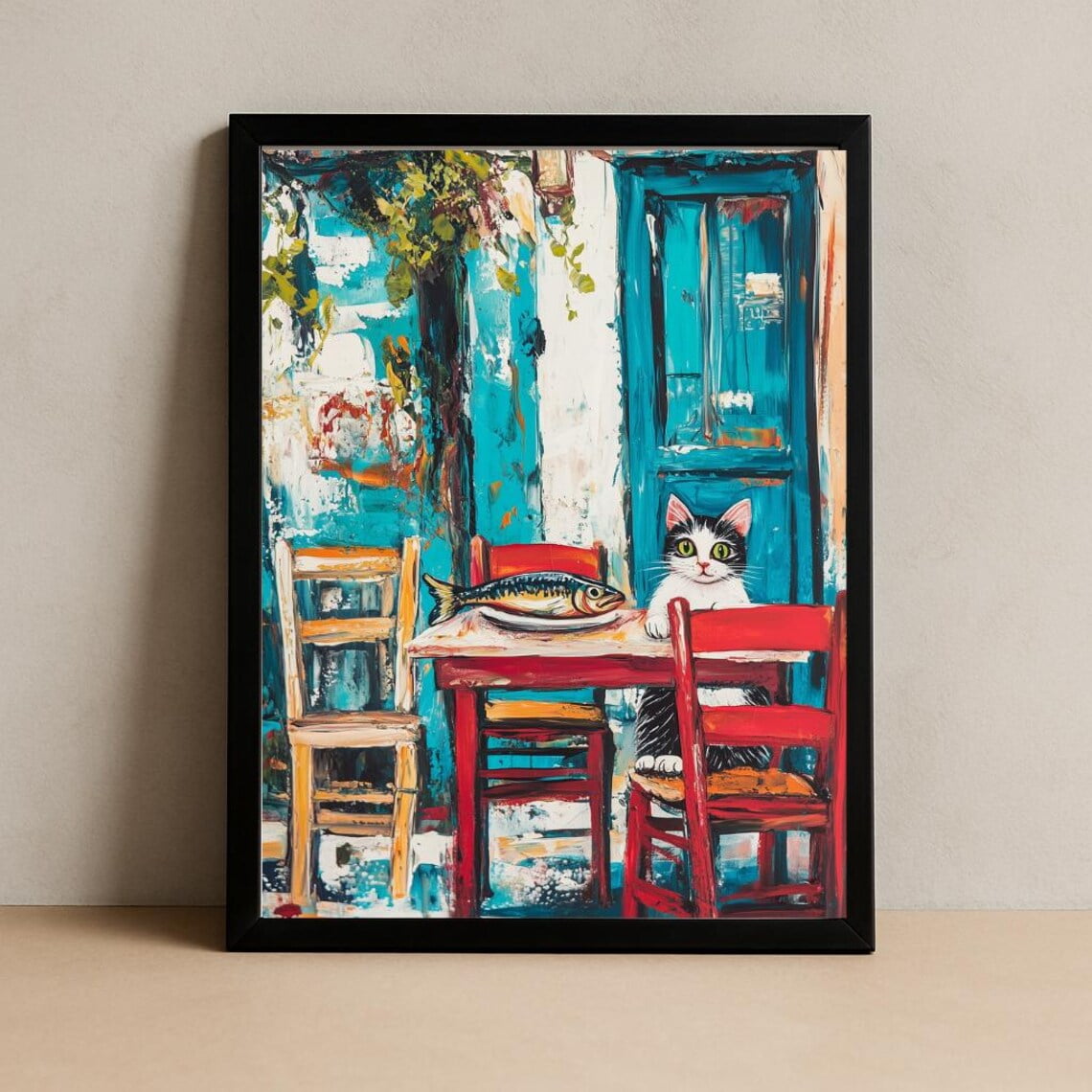 Cat In Greek Taverna Print - Sea Bass Delight, Rustic, Charming Poster ...