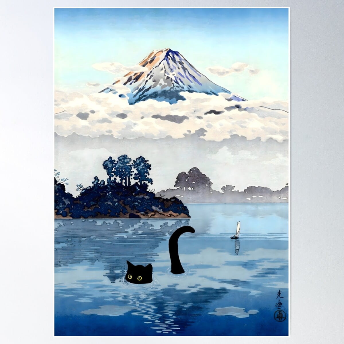 Cat In Lake Kawaguchi Tago Koitsu Poster Wall Art, Modern Wall Decor ...