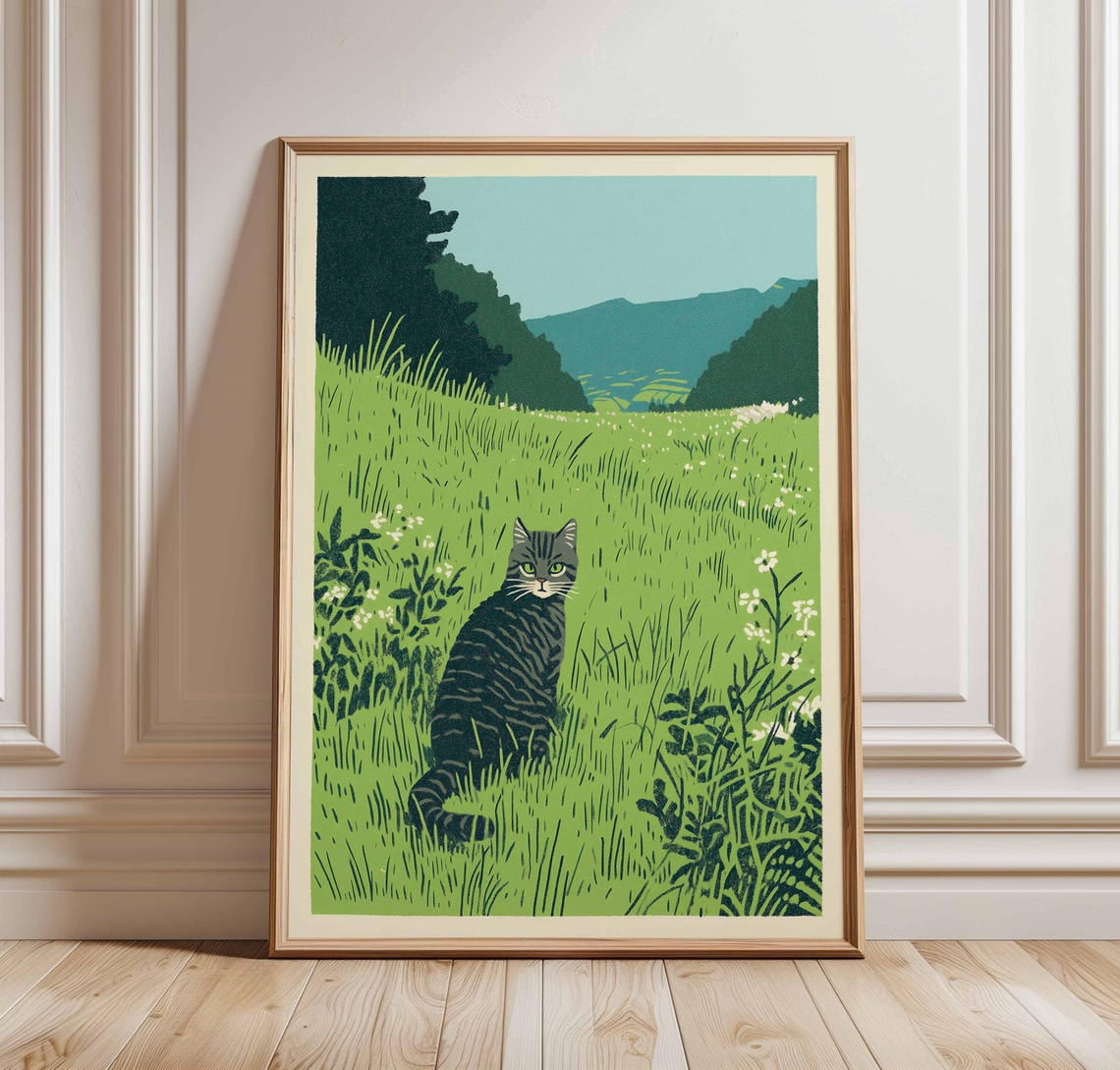 Cat In Meadow Peaceful Nature Green Landscape Modern Animal Decor ...