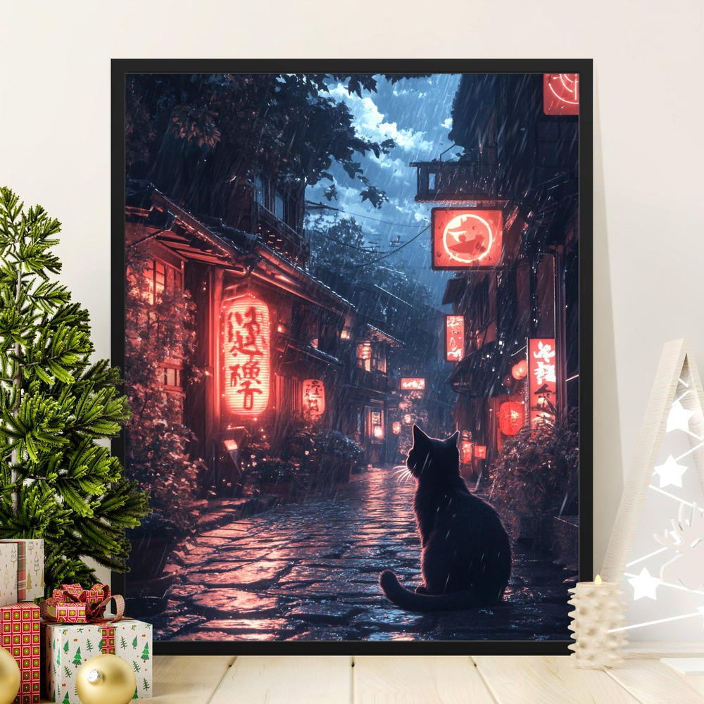 Cat In Rainy Alley Poster, Japanese Street Art Print, Romantic ...
