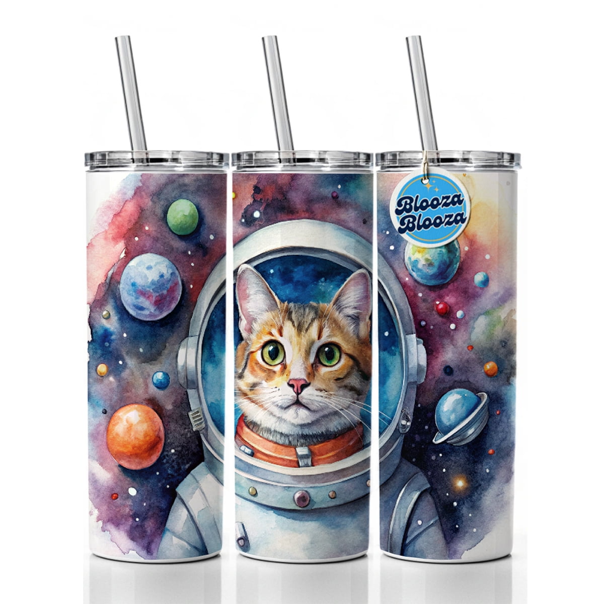 Cat In Space Funny Tabby Watercolor 20oz Insulated Water Bottle Skinny ...