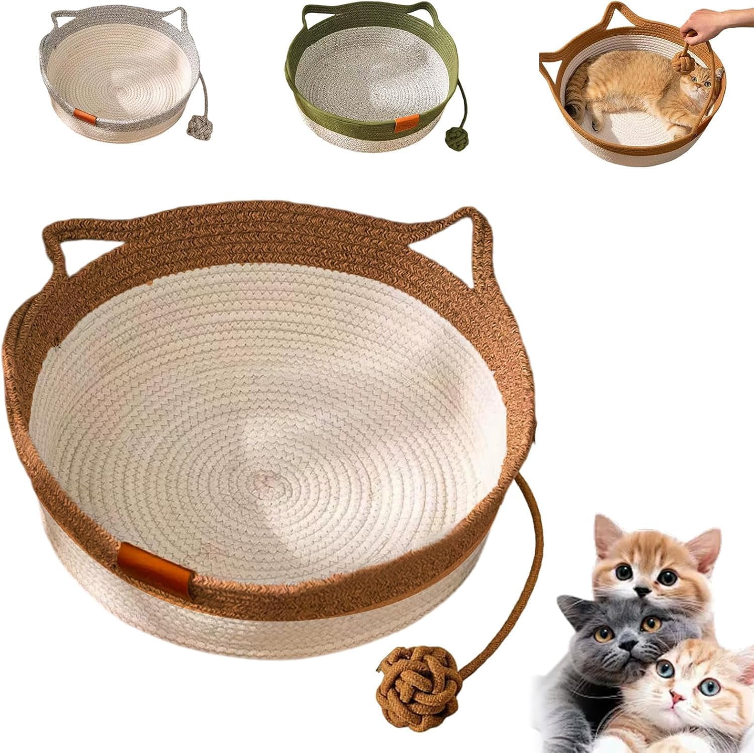 Cat Instinct Basket, Handwoven Cotton Rope Enrichment Bed with Attached ...