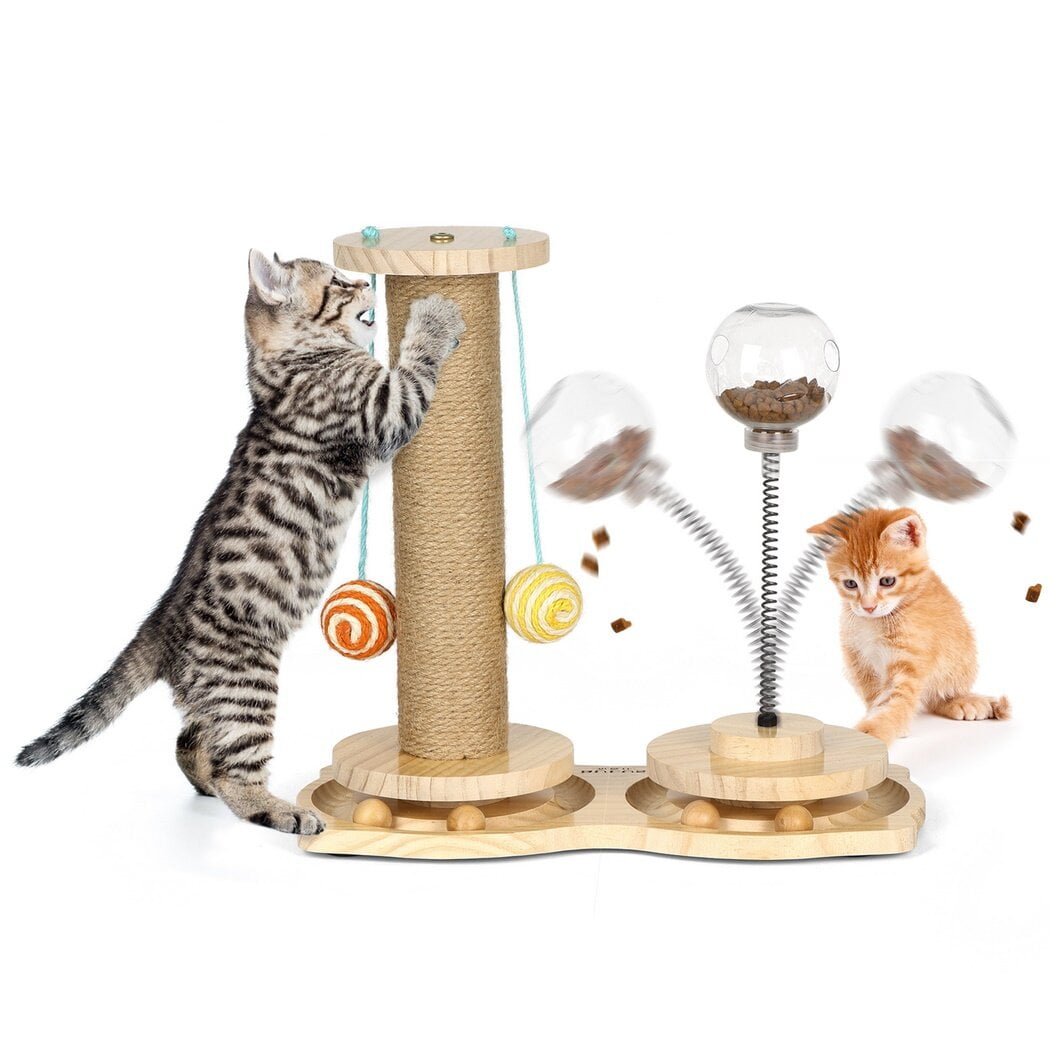 Interactive Cat Toy Set: Wooden Double Ball Track, Treat Toy, Scratch ...