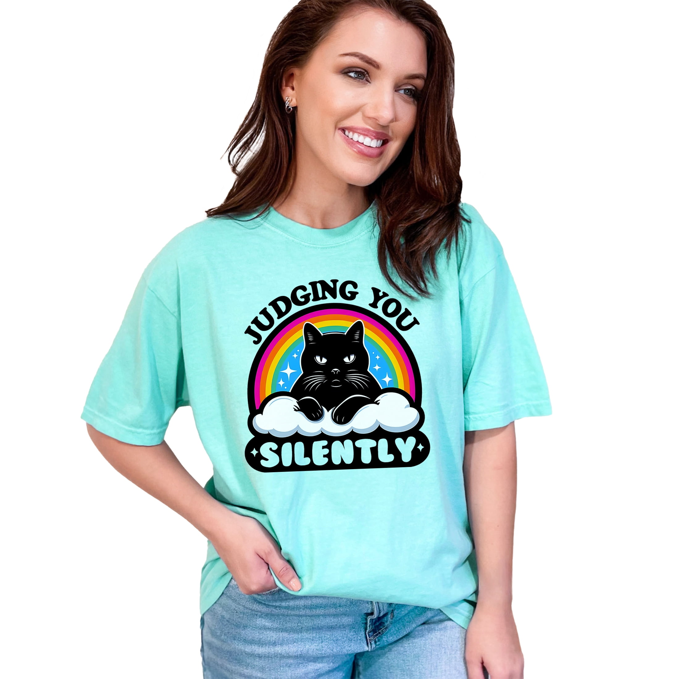 Cat Judging You Silently T-Shirt, Funny Cat Lovers Tee, Rainbow Cat ...