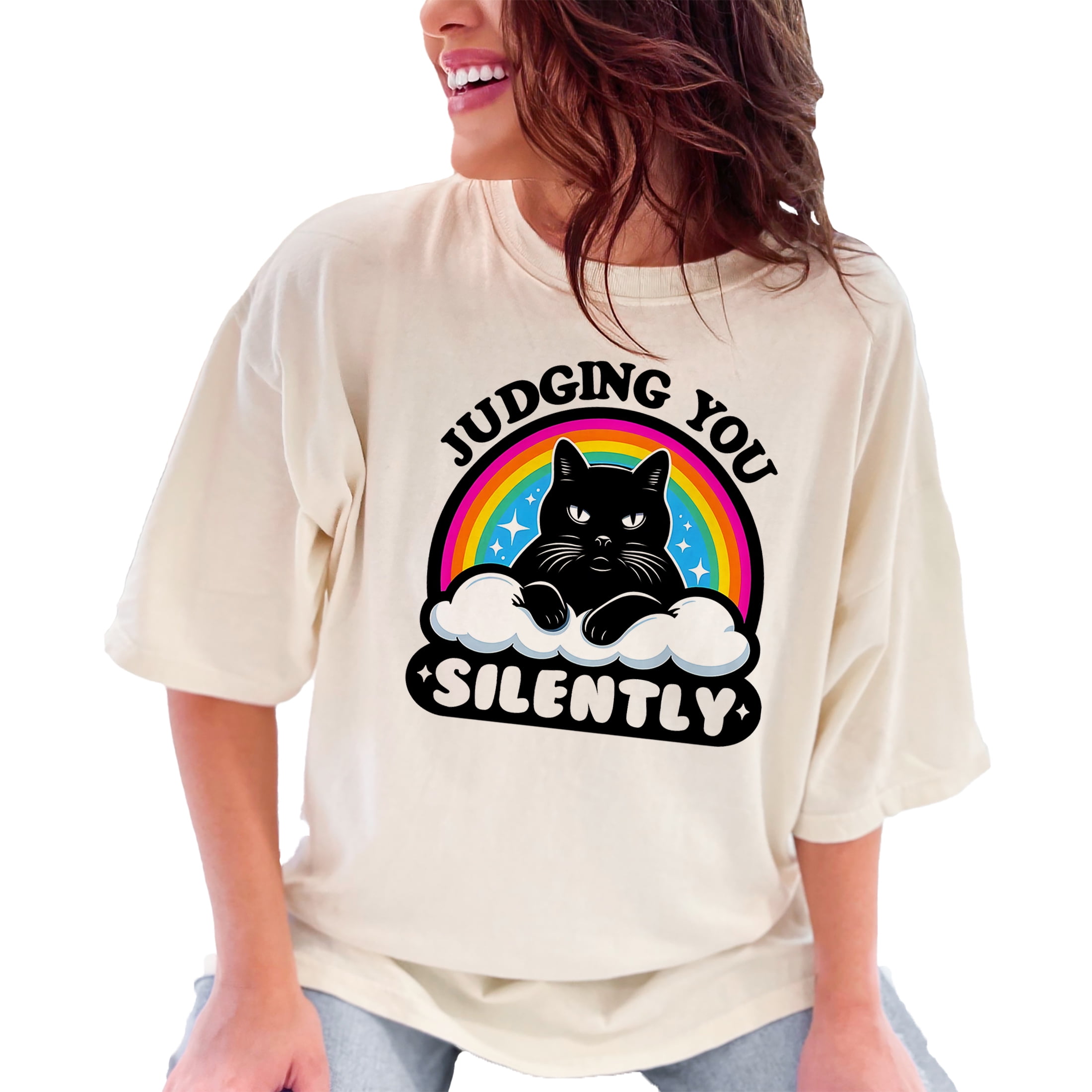 Cat Judging You Silently T-Shirt, Funny Cat Lovers Tee, Rainbow Cat ...