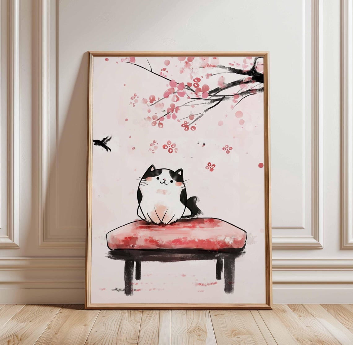 Cat Kawaii Cat Cherry Blossom Japanese Inspired Pink Black Floral ...