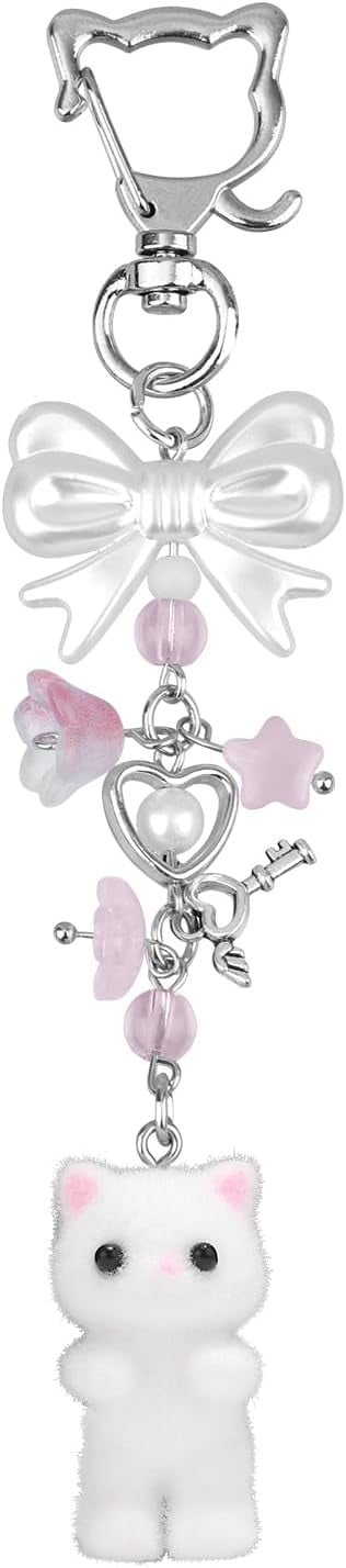 Cat Keychain, Cute Fuzzy Kitty Key Chain White Plush Kitten Charm ...